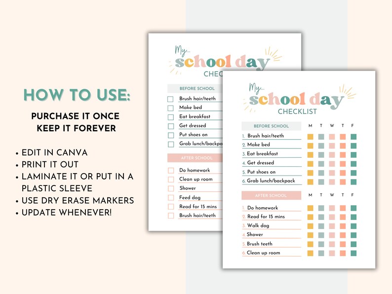 Kids Daily School Routine Checklist Chore Chart Printable To-do List - Etsy