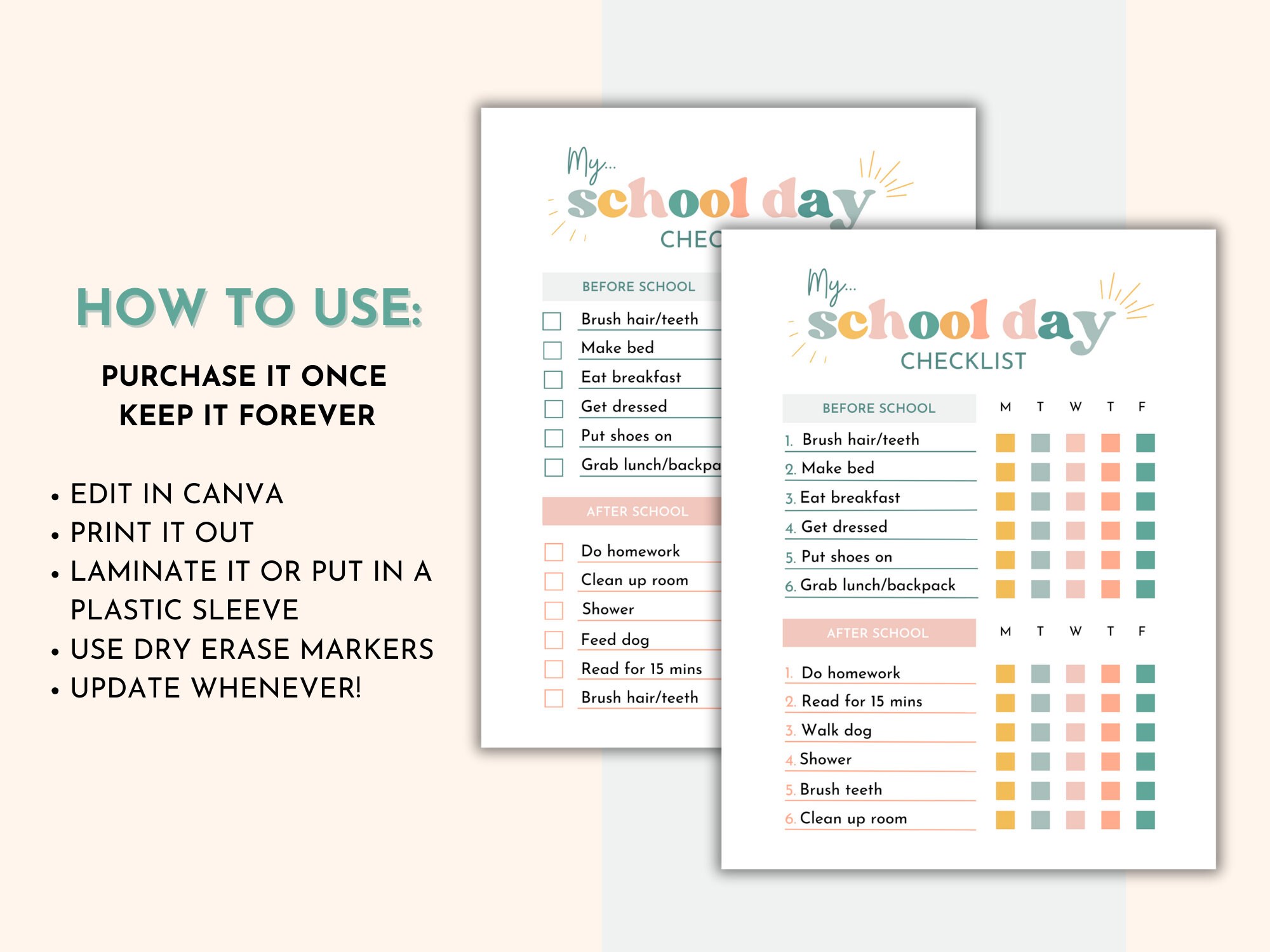 Kids Daily School Routine Checklist Chore Chart Printable To-do List - Etsy