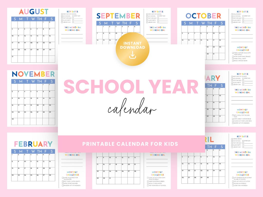 Printable Kids School Year Calendar - Monthly Planner PDF With Goals ...