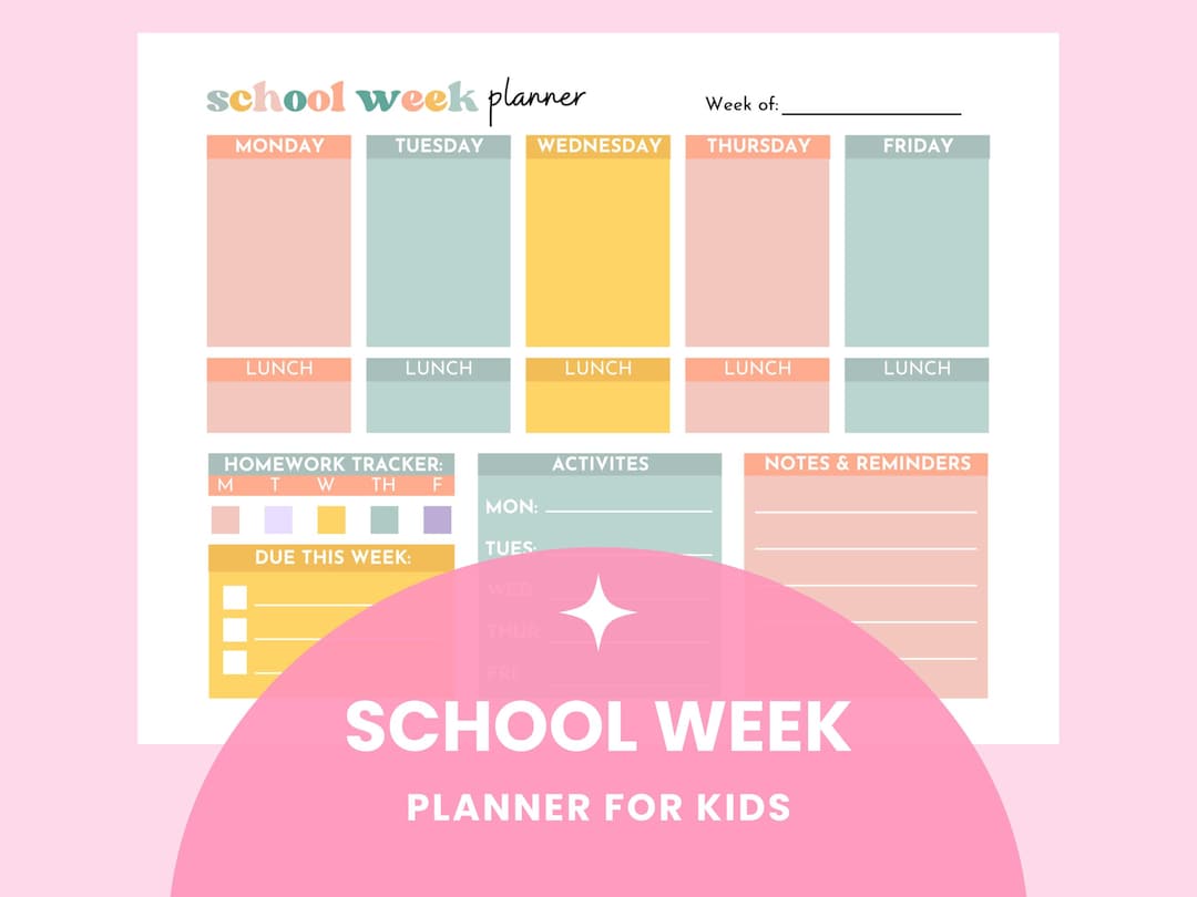 Printable School Week Planner for Kids - Weekly Organizer With Homework ...