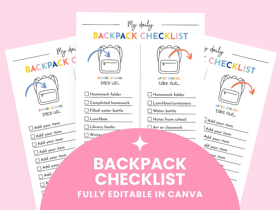Printable Backpack Routine Checklist for Kids - Editable Daily Pack ...