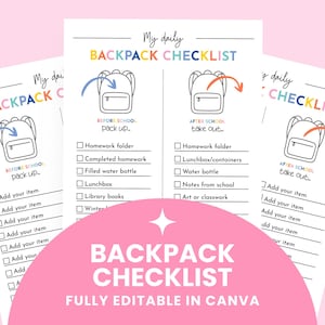 Printable Backpack Routine Checklist for Kids - Editable Daily Pack ...