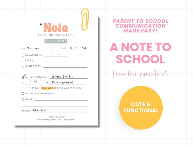 Printable School Note Template - Editable Absence, Tardy, Pickup Note ...