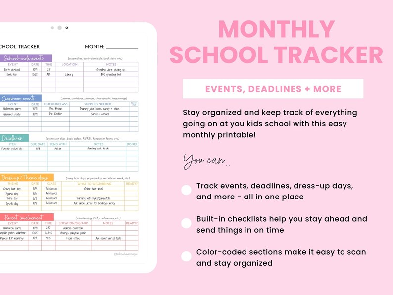 Printable School Events Tracker & Organizer for Parents | Parent ...