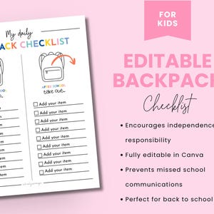 Printable Backpack Routine Checklist for Kids - Editable Daily Pack ...