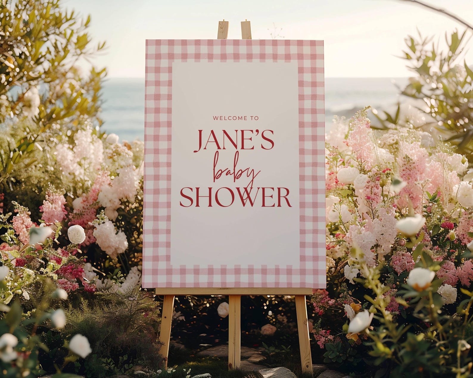 Pink Gingham Baby Shower Welcome Sign: Editable Canva Template (A0 ...