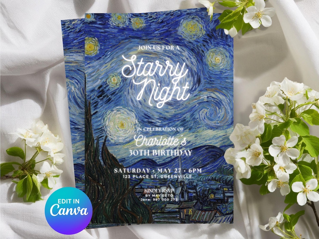 Starry Night Birthday Invitation Template, Editable Van Gogh Party ...