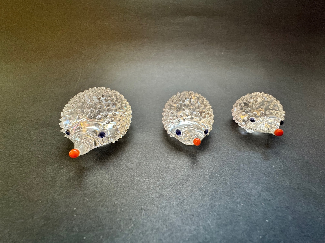 Glass Hedgehogs Set of 3- Clear Glass Hedghog Set With Red Noses and ...