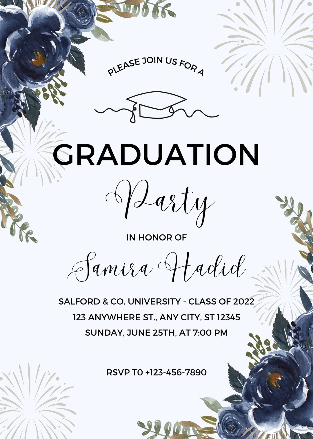 EDITABLE, Blue Floral Graduation Party Invitation - Etsy