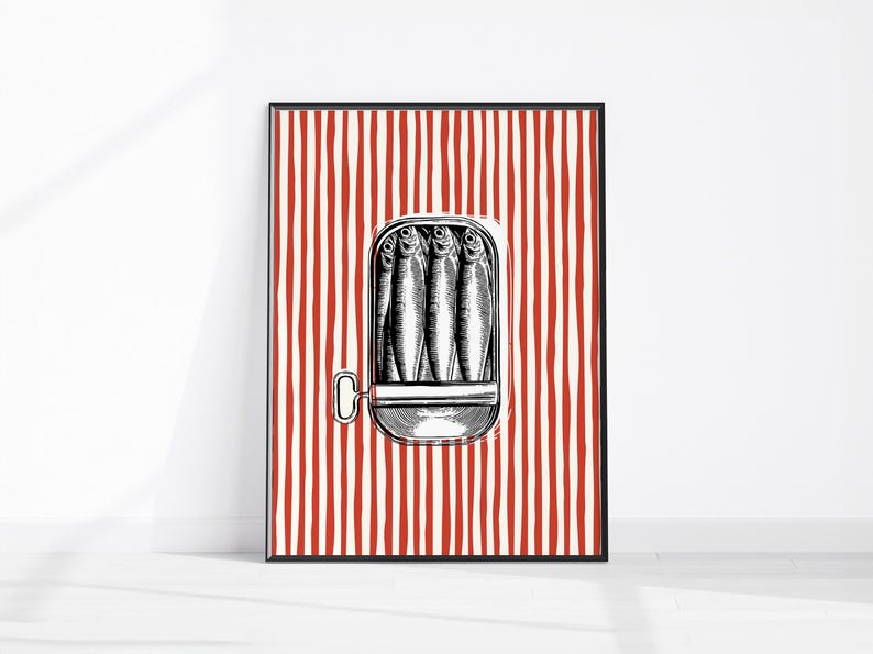 Sardine Tin Art Print, Vintage Hand Drawn Sardines Poster, Retro Food ...