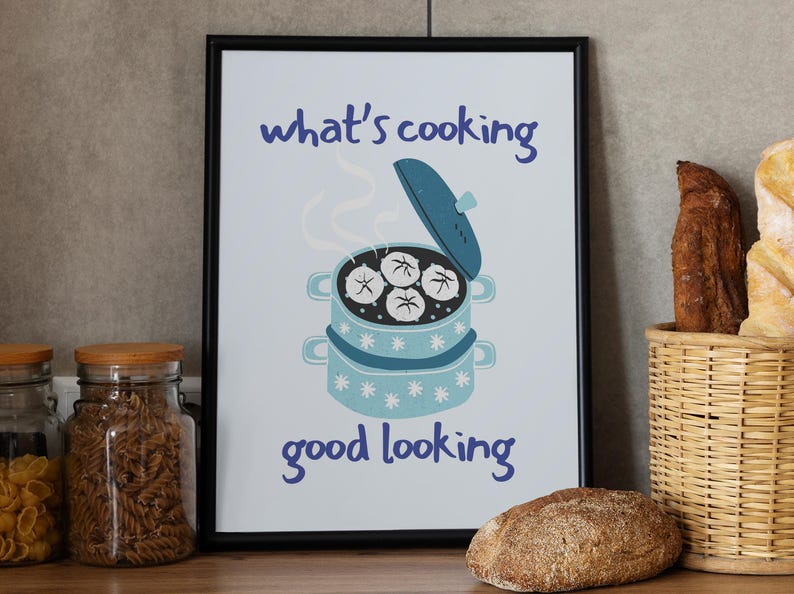 What’s Cooking Good Looking Printable Kitchen Art, Boho Blue Cooking ...