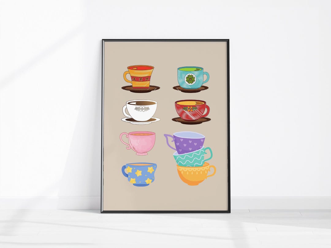 Retro Coffee Cups, Retro Kitchen Art, Teacup Print, Breakfast Poster ...