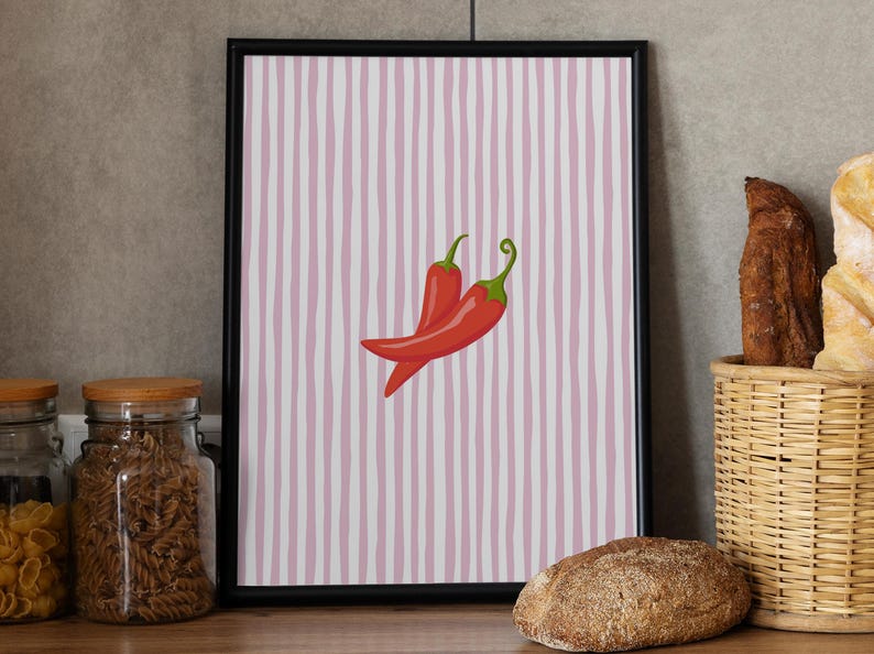 Chilli Print, Kitchen Stripe Wall Art, Red Chilli Pepper Poster, Trendy ...