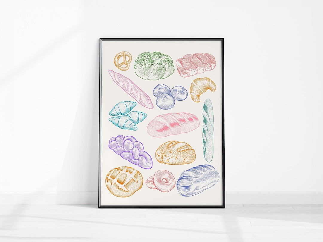 Hand Drawn Bread Printable Artwork, Illustrated Food Wall Art, Retro ...