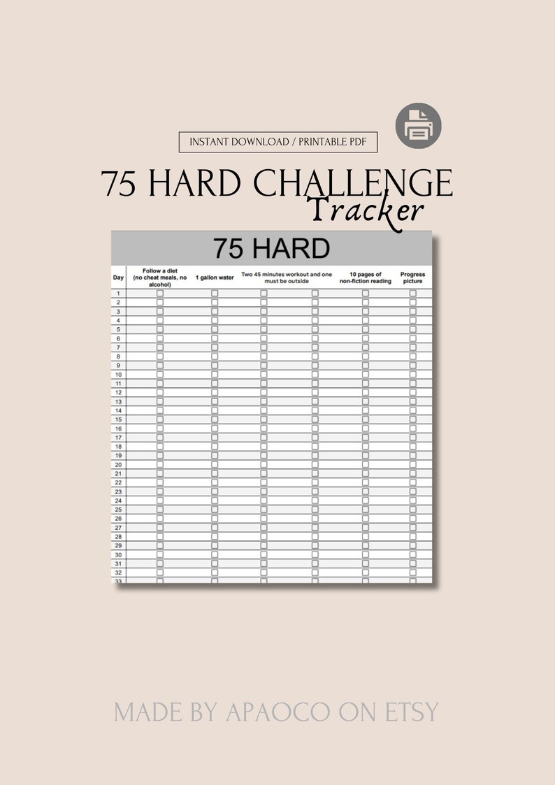 75 Hard Challenge Tracker Printable - Etsy Australia