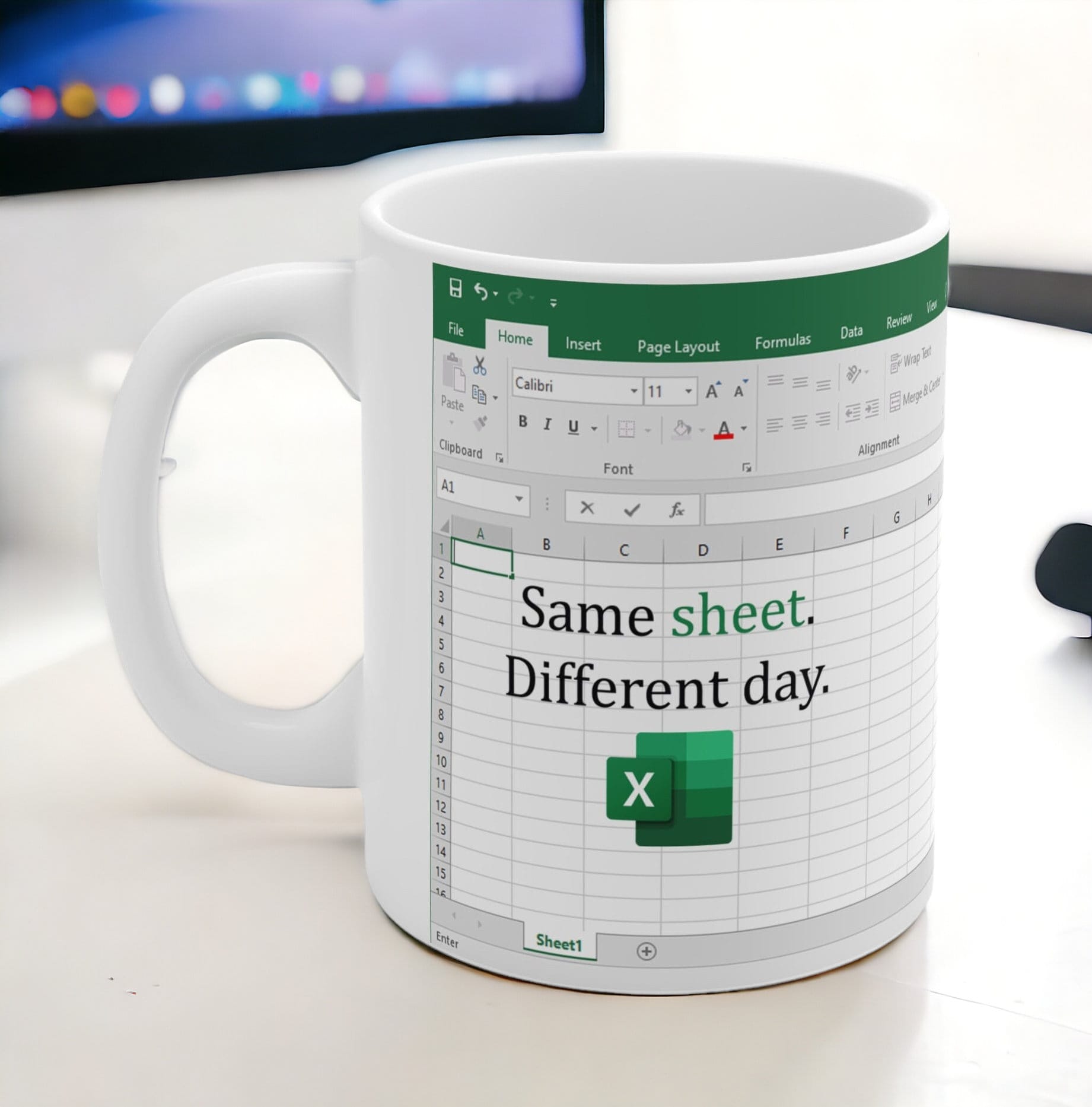 Same Sheet. Different Day. 11oz Coffee Mug - Unique Excel Themed Ceramic Cup for Office Humor ...