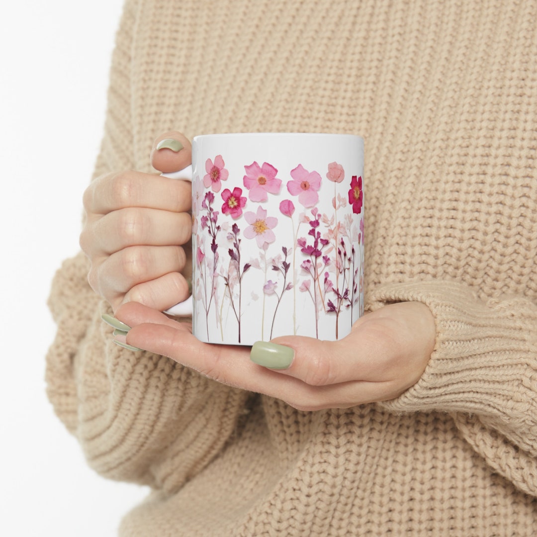 Pressed Pink Flower Mug, Pestel Floral Nature Mug, Flower Garden Lover ...