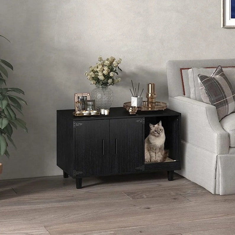 Black Nightstand Table With Hidden Litter Box Enclosure and Wood Cat ...