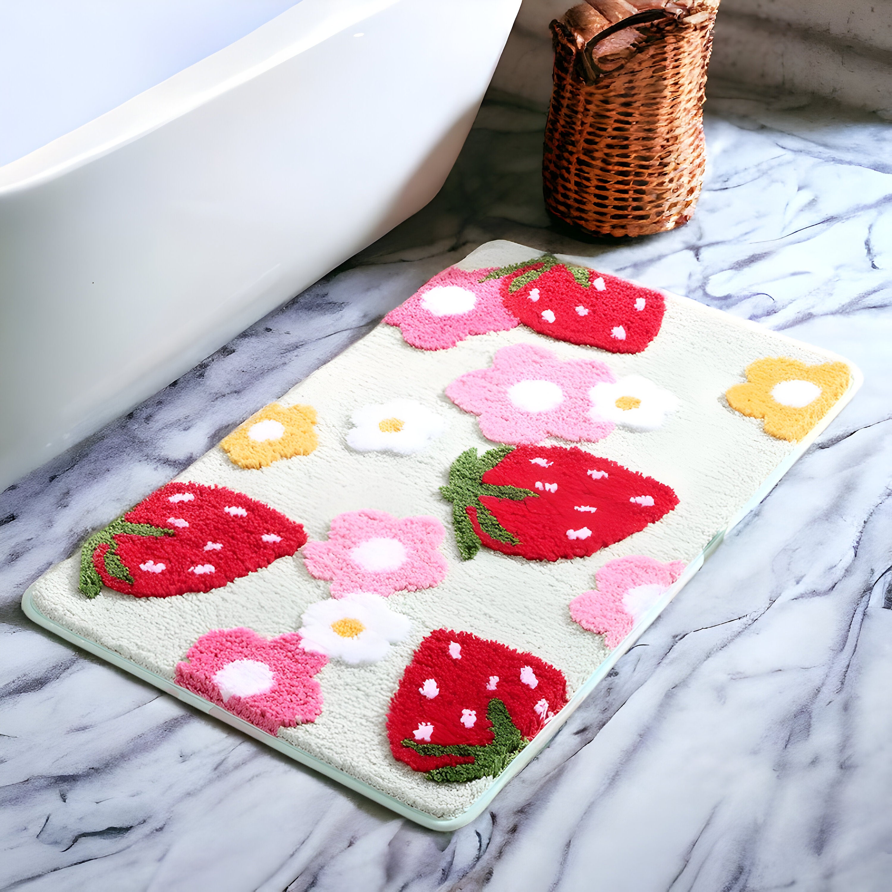 Tufted Strawberry Bathmat, Home Decor, Boho Flower Bathmat, Hand Tufted ...