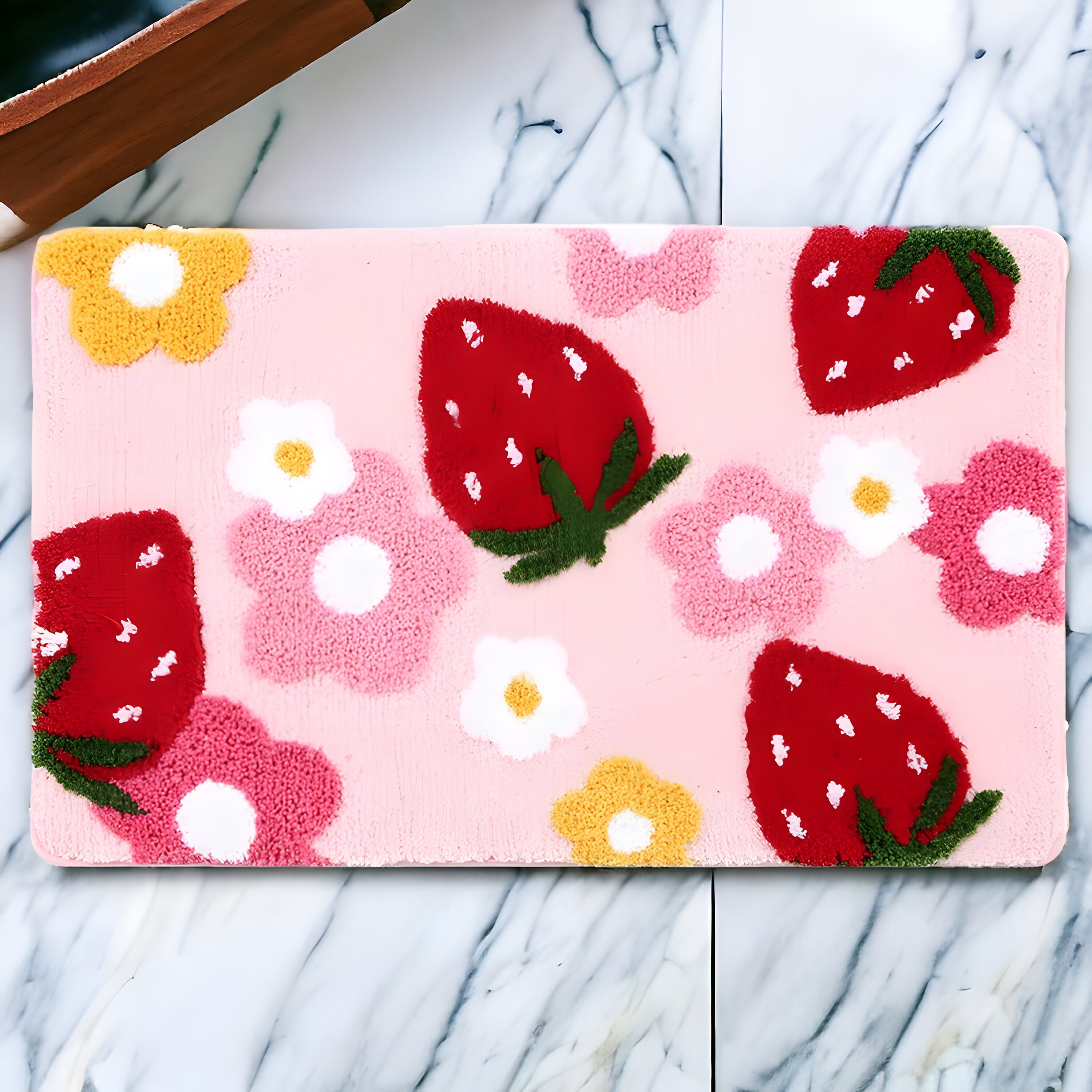 Tufted Strawberry Bathmat, Home Decor, Boho Flower Bathmat, Hand Tufted ...