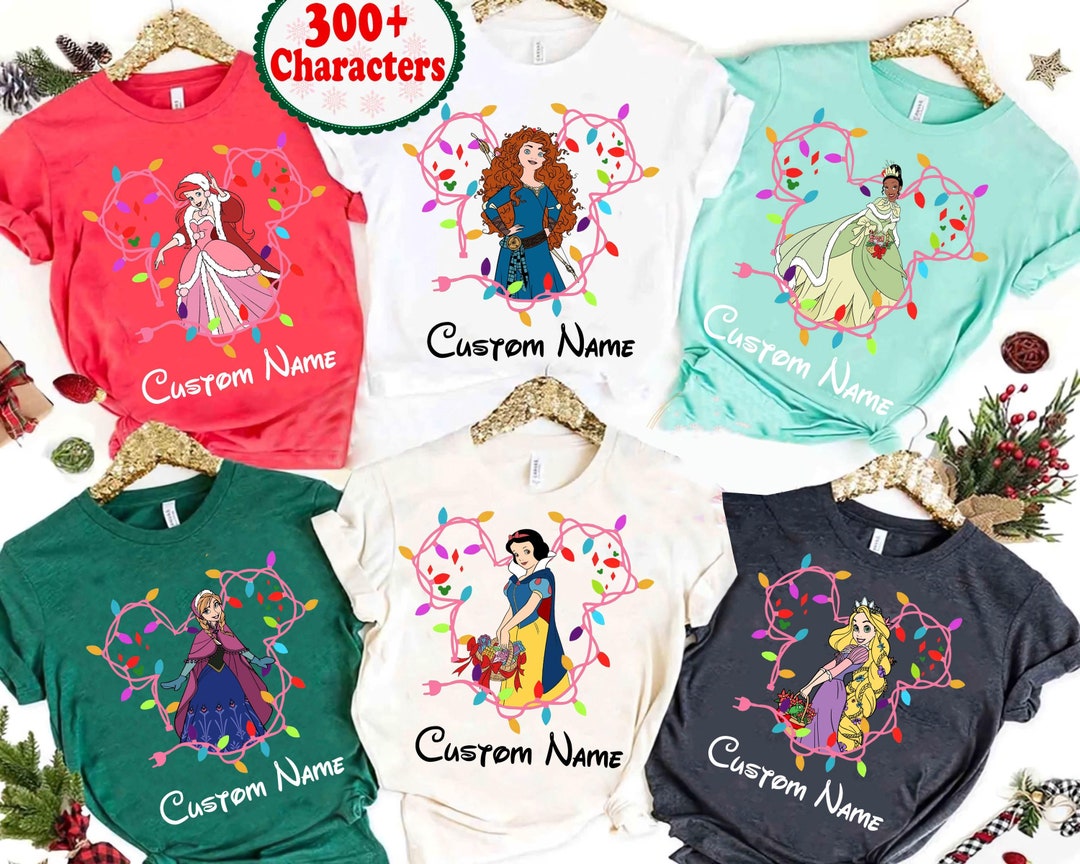 Personalized Disney Princess Christmas Pink Light Shirt, Custom All Characters Disneyland Xmas ...