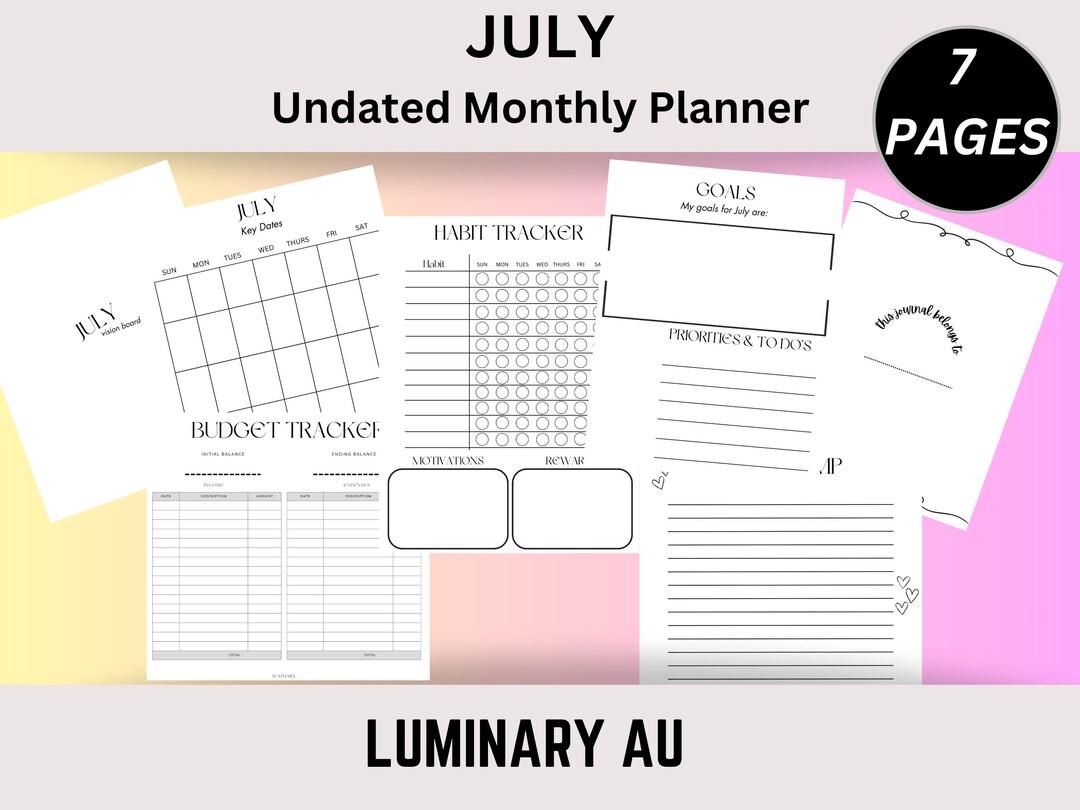 Undated July Planner PDF, Printable Bullet Journal Habit, Goals, Budget ...