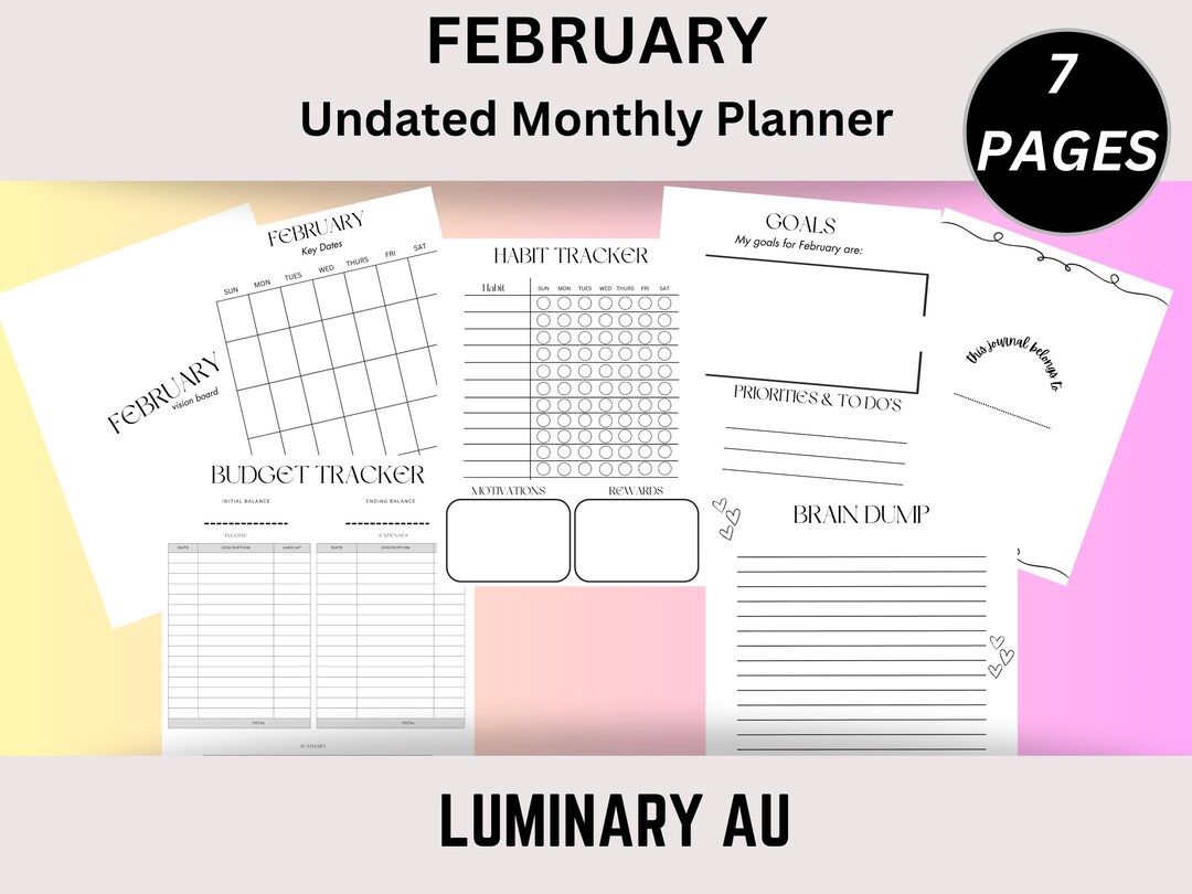 Undated February Planner PDF, Printable Bullet Journal Habit, Goals ...