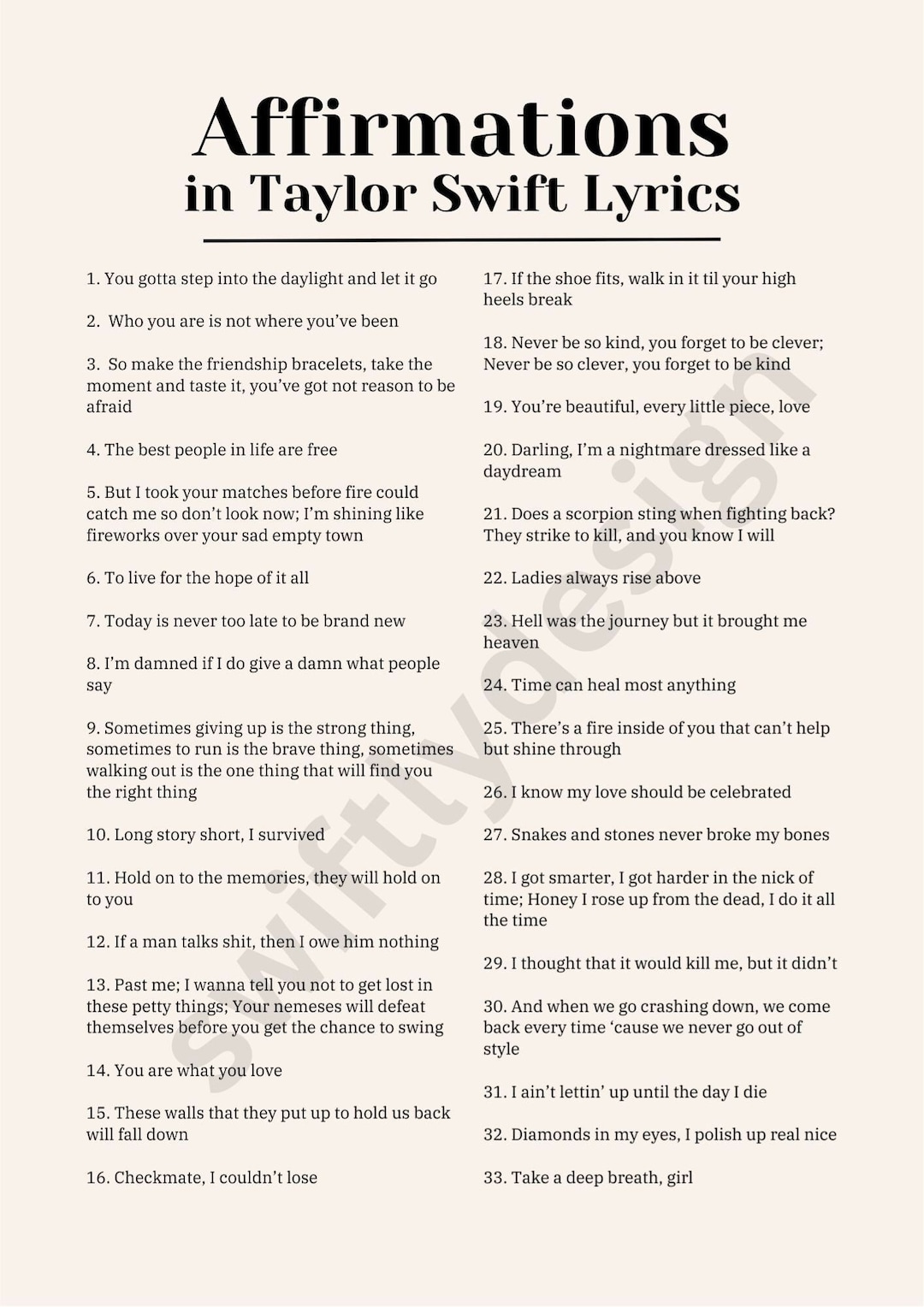 Affirmations in Taylor Swift Lyrics Poster - Etsy