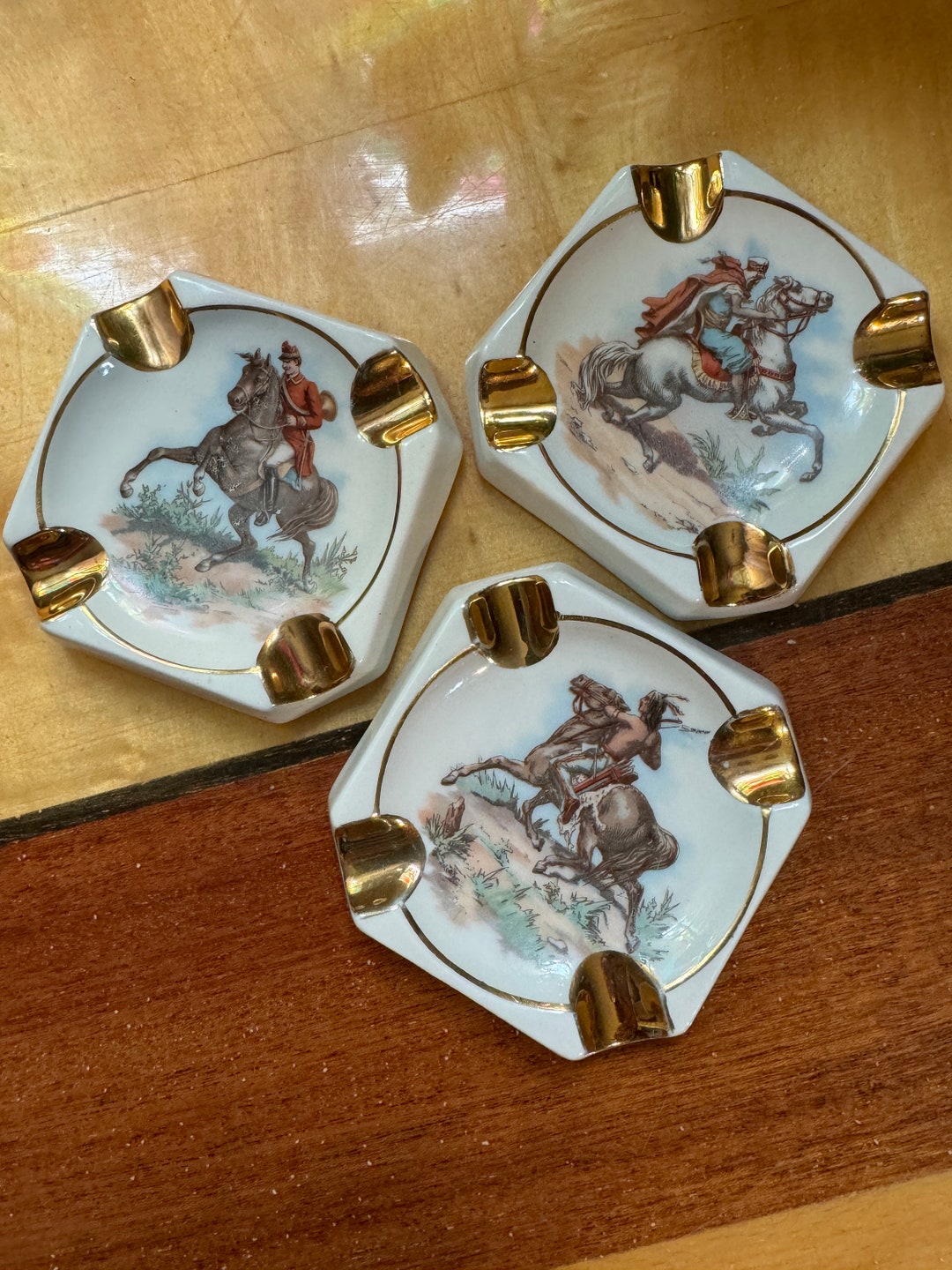 Three Small Collectible Ashtrays Limoges Porcelain Riders and Horses ...