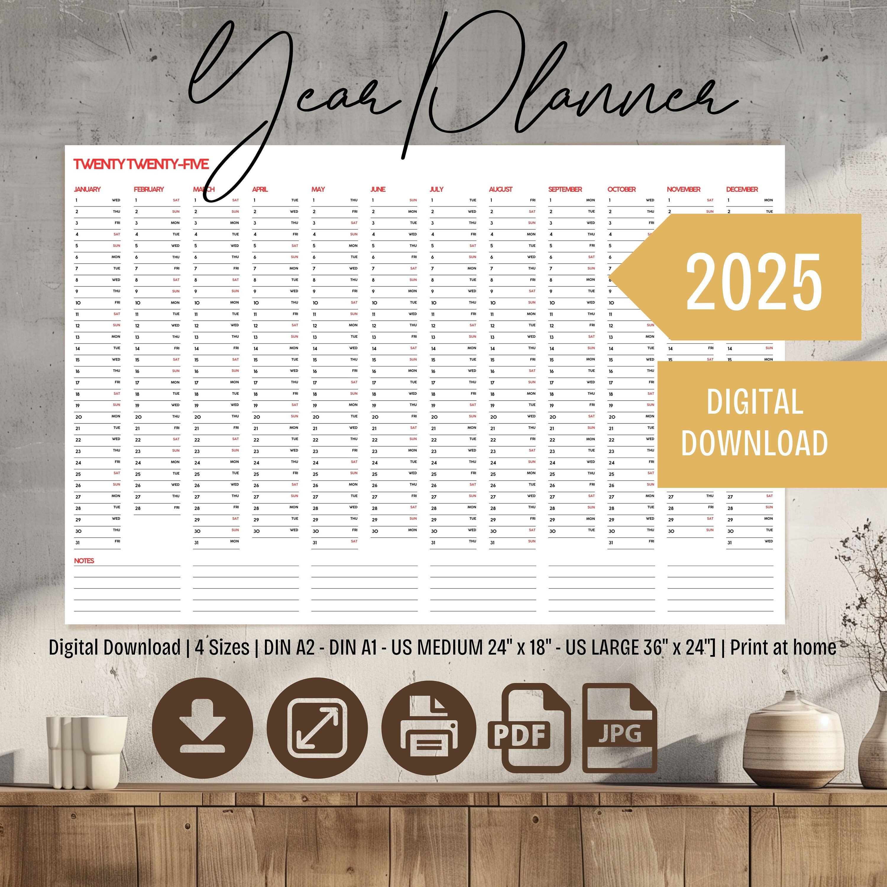 Year Planner 2025, Printable Planner, Wall Planner 2025, School ...