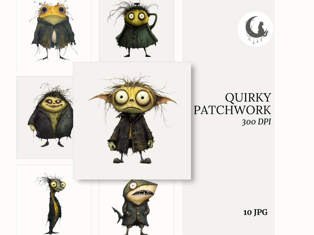 Quirky Eerie Patchwork Whimsical Characters Clipart Set of 10 High ...