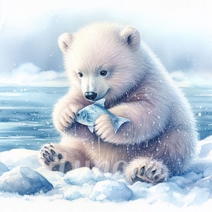 Polar Bear Playing With Fish Watercolor Clipart Set of 10 High Quality ...