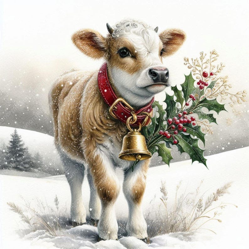 Christmas Calf Clipart JPG, Watercolor Winter Cow With Bell and Holly ...