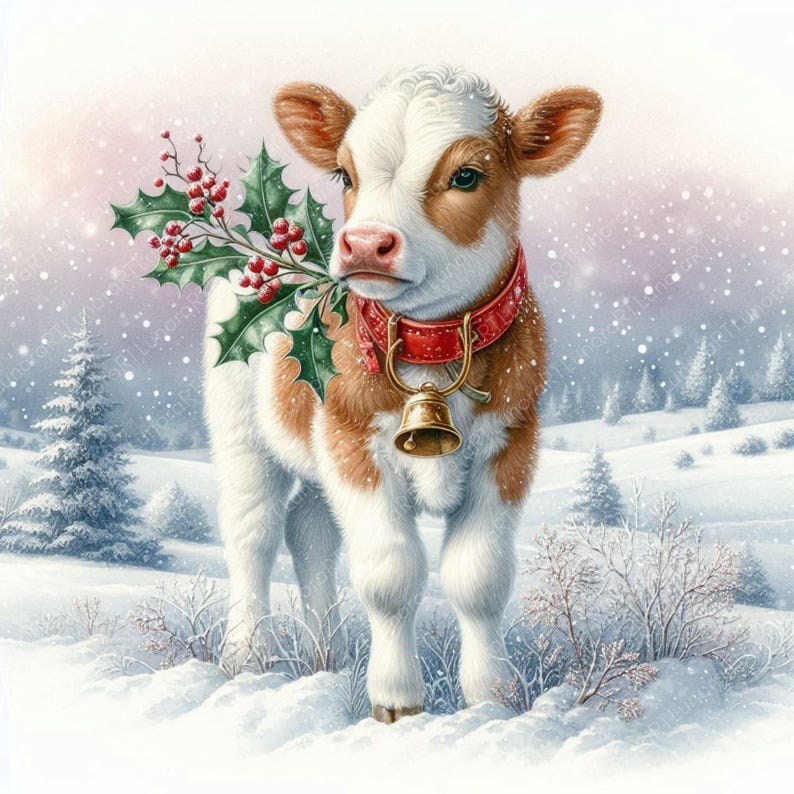 Christmas Calf Clipart JPG, Watercolor Winter Cow With Bell and Holly ...