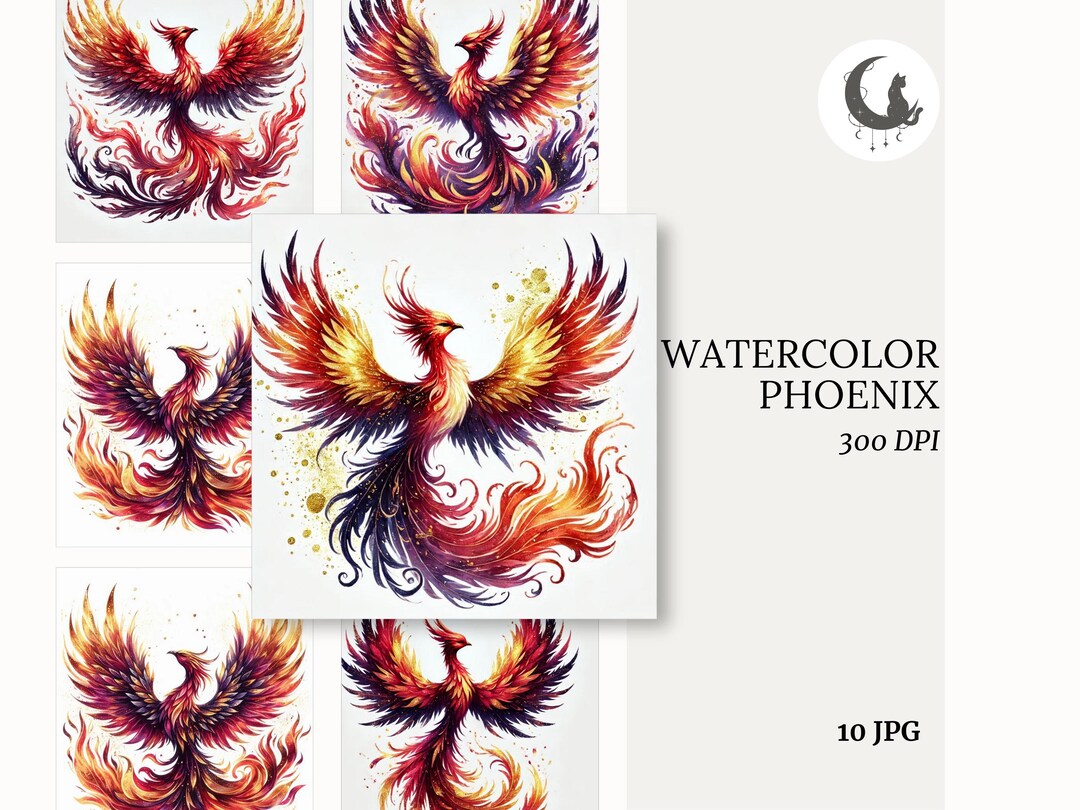 Watercolor Phoenix Clipart Set of 10 High Quality 300 DPI Jpgs Mythical ...
