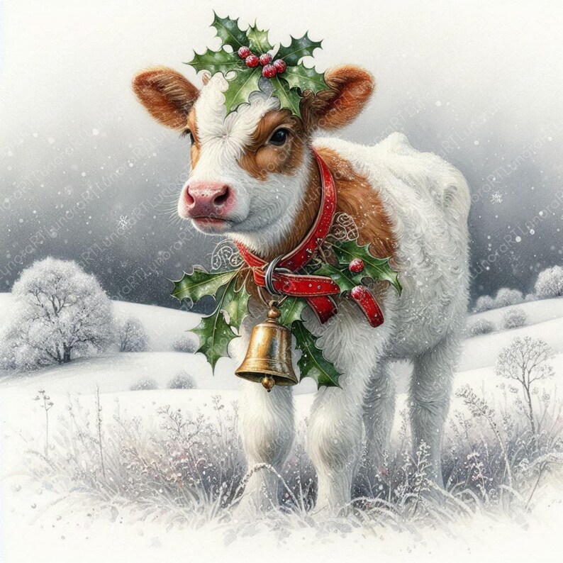 Christmas Calf Clipart JPG, Watercolor Winter Cow With Bell and Holly ...
