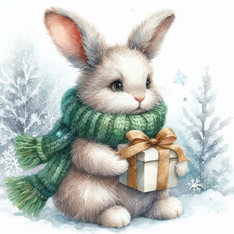 Christmas Bunny Clipart JPG, Watercolor Winter Rabbit With Gift and ...