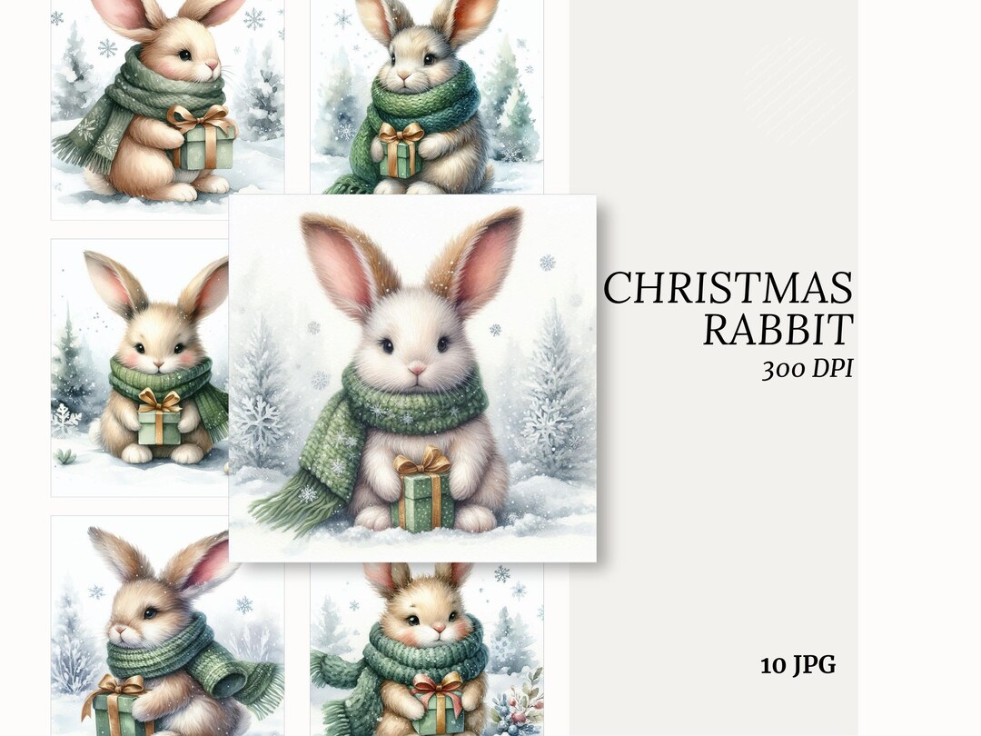 Christmas Bunny Clipart JPG, Watercolor Winter Rabbit With Gift and ...