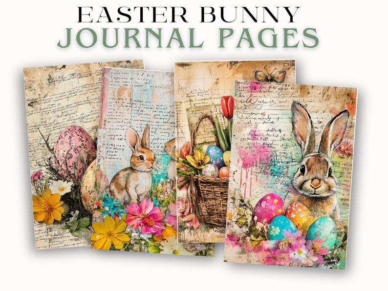 Easter Bunny Egg Junk Journal Page JPG Whimsical Spring Collage Cute ...