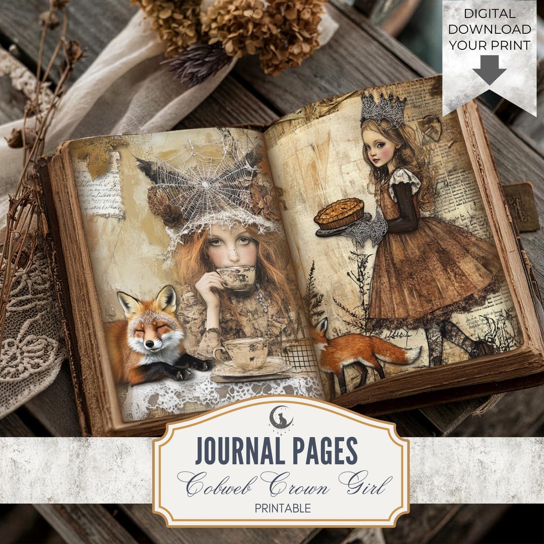 Autumn Junk Journal Pages Cobweb Crown Girl Woodland Fox Ephemera ...
