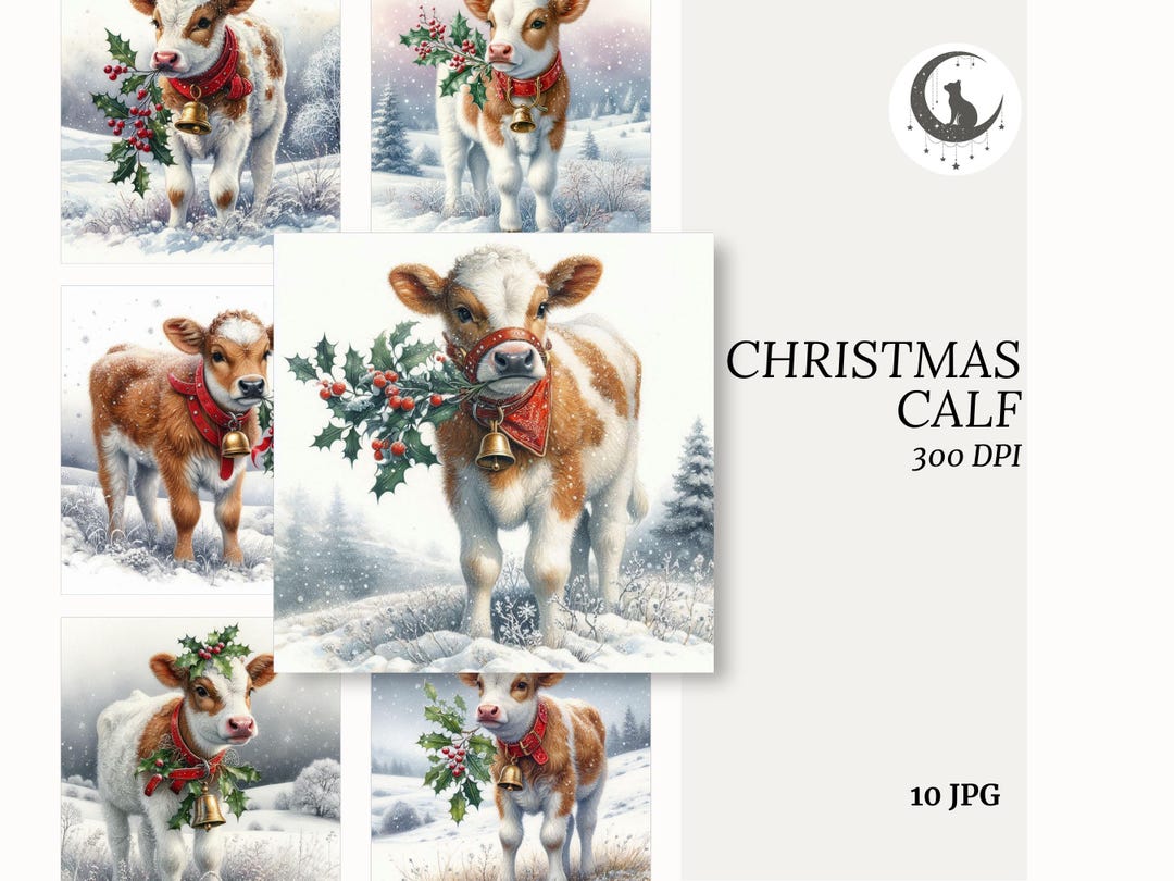 Christmas Calf Clipart JPG, Watercolor Winter Cow With Bell and Holly ...