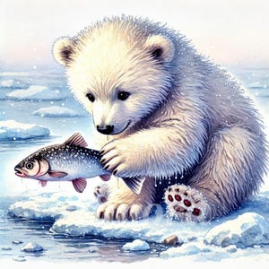 Polar Bear Playing With Fish Watercolor Clipart Set of 10 High Quality ...