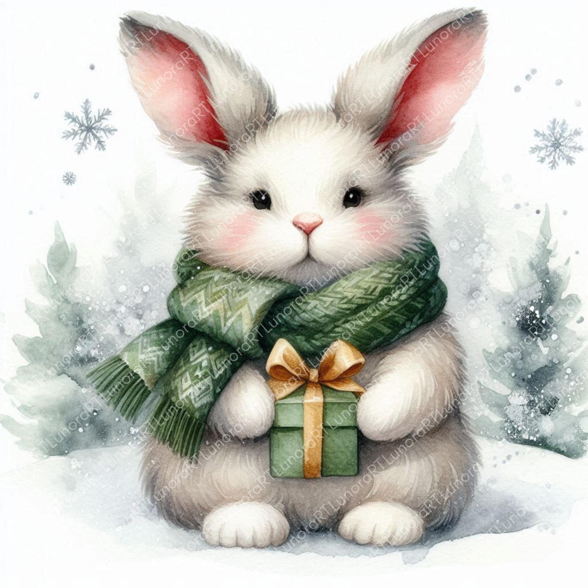 Christmas Bunny Clipart JPG, Watercolor Winter Rabbit With Gift and ...