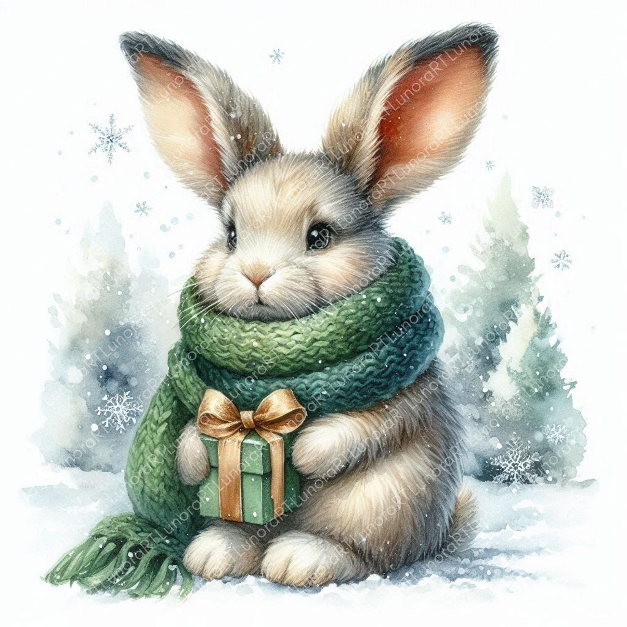 Christmas Bunny Clipart JPG, Watercolor Winter Rabbit With Gift and ...