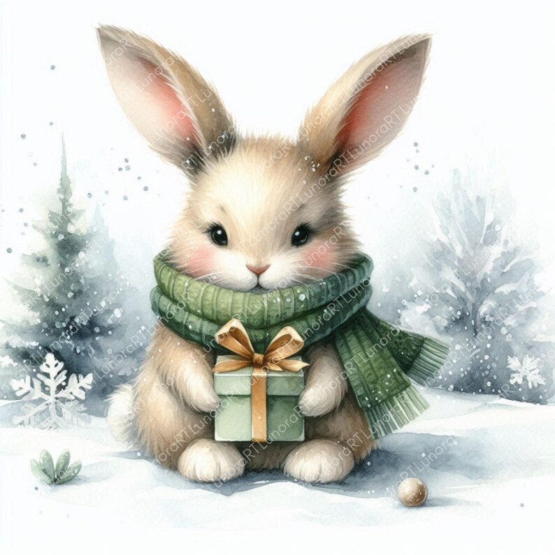 Christmas Bunny Clipart JPG, Watercolor Winter Rabbit With Gift and ...