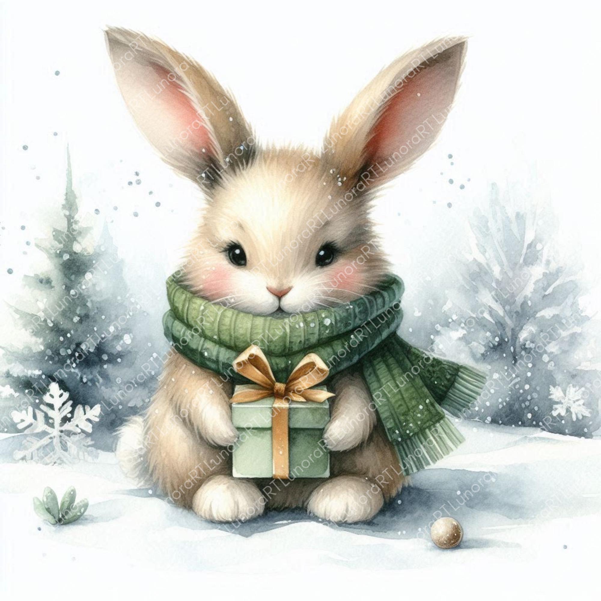 Christmas Bunny Clipart JPG, Watercolor Winter Rabbit With Gift and ...