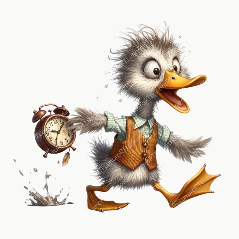 Watercolor Frazzled Duck Clipart PNG Funny Farm Animal Late Bird Alarm ...