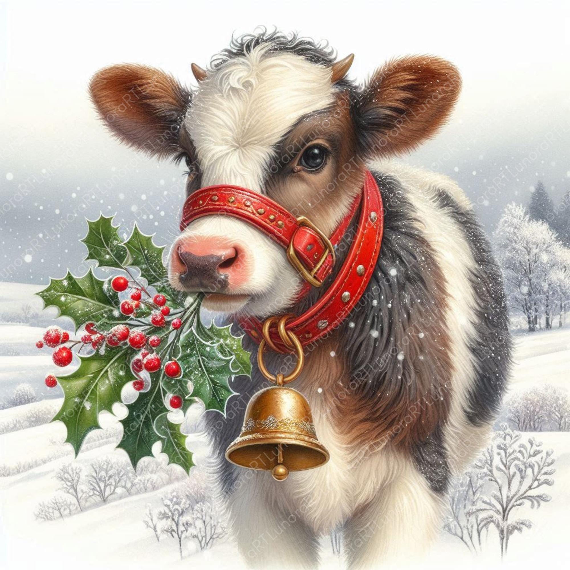 Christmas Calf Clipart JPG, Watercolor Winter Cow With Bell and Holly ...