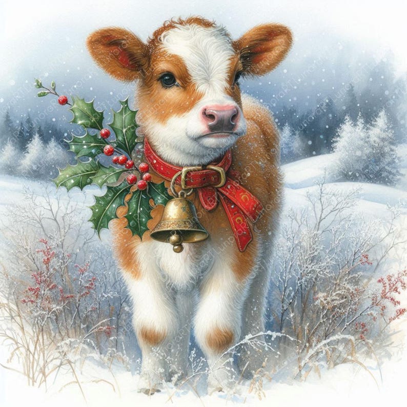 Christmas Calf Clipart JPG, Watercolor Winter Cow With Bell and Holly ...