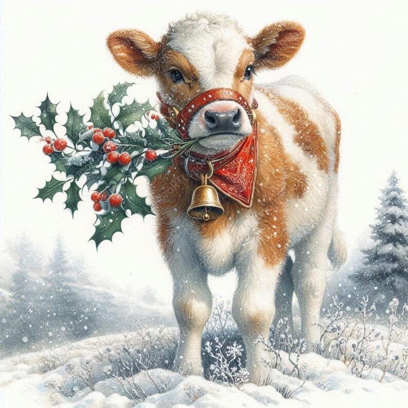Christmas Calf Clipart JPG, Watercolor Winter Cow With Bell and Holly ...